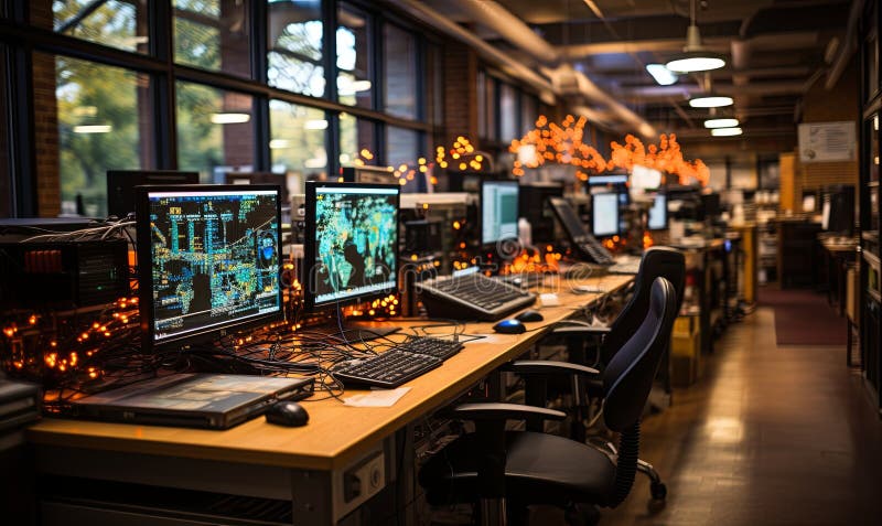 Row of Computer Monitors on Desk Stock Photo - Image of multitasking ...