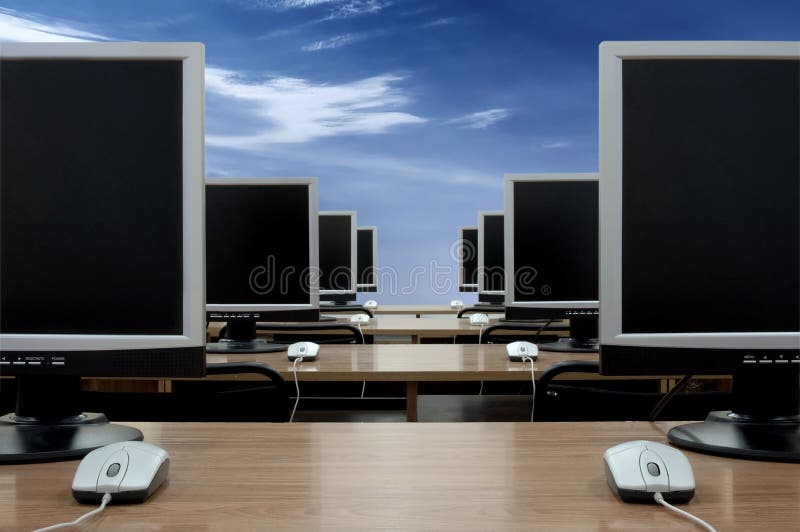 Row of computer monitors stock photo. Image of computer - 209982144