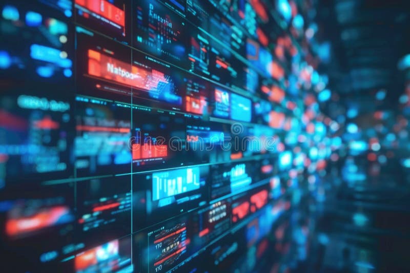 Row of Computer Screens with Bright Glowing Lights, Great for Tech and ...