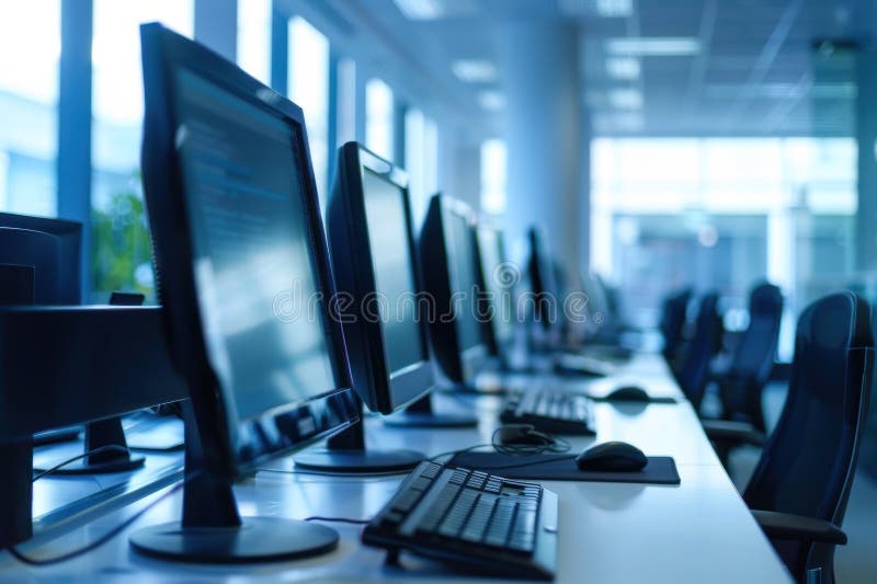 Row of Computer Screens in Bright Modern Office in Shallow Depth of ...