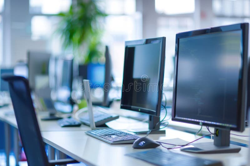 Row of Computer Screens in Bright Modern Office in Shallow Depth of ...