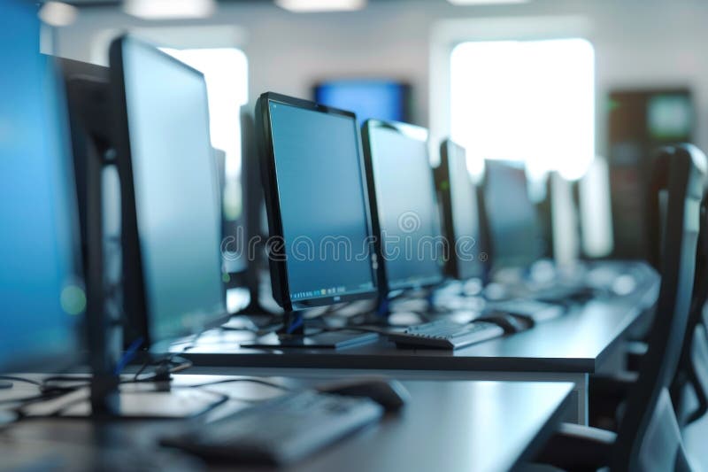 Row of Computer Screens in Bright Modern Office in Shallow Depth of ...