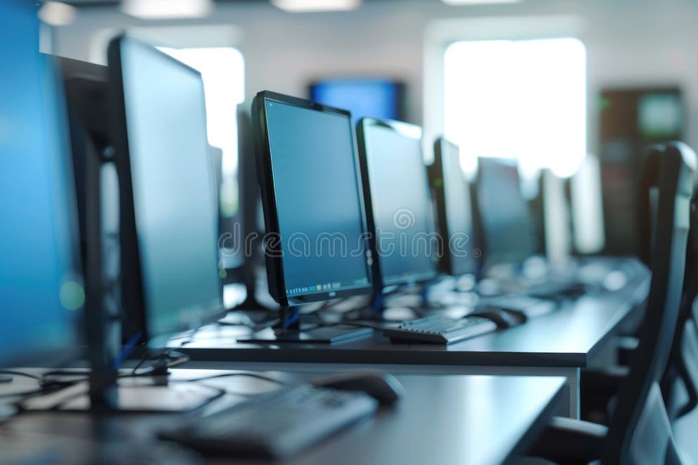 Row of Computer Screens in Bright Modern Office in Shallow Depth of ...