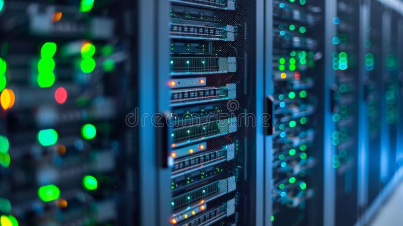 A Row of Computer Servers with Green Lights on Them Stock Photo - Image ...