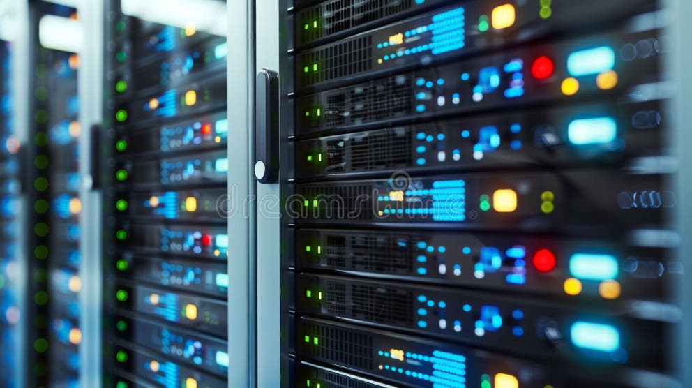 A Row of Computer Servers with Green Lights on Them Stock Photo - Image ...