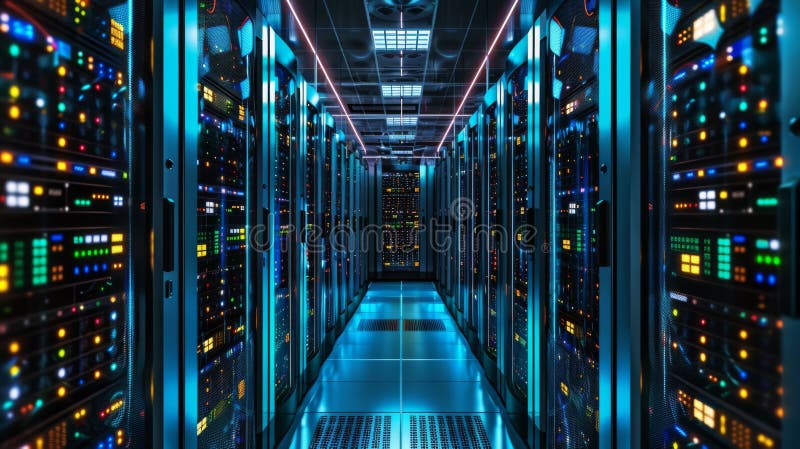 A Row of Computer Servers with Green Lights on Them Stock Photo - Image ...