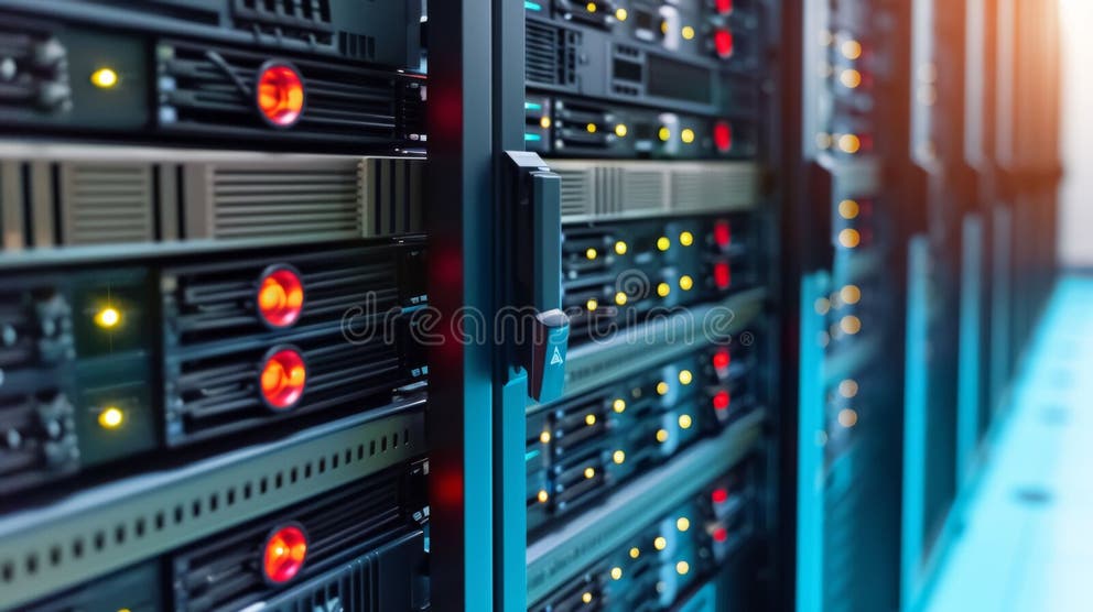 A Row of Computer Servers with Green Lights on Them Stock Photo - Image ...