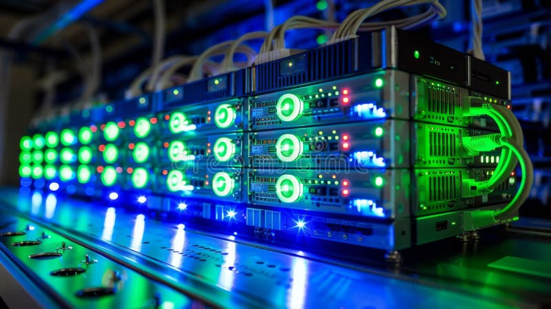 A Row of Computer Servers with Green Lights on Them Stock Illustration ...