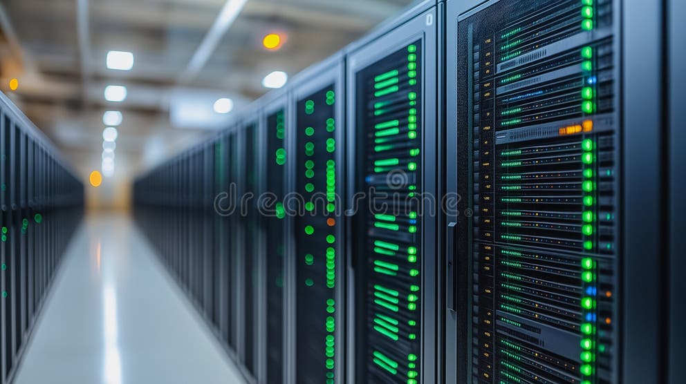 A Row of Computer Servers with Green Lights on Them. the Servers are ...