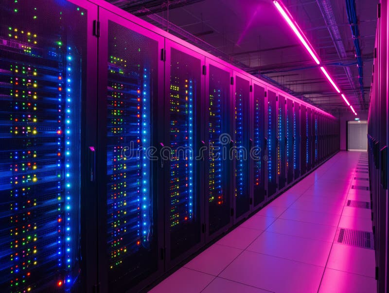 A Row of Computer Servers with Neon Lights on Them Stock Image - Image ...