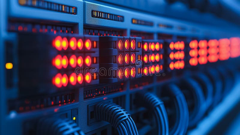 A Row of Computer Servers with Red Lights on. the Servers are Connected ...