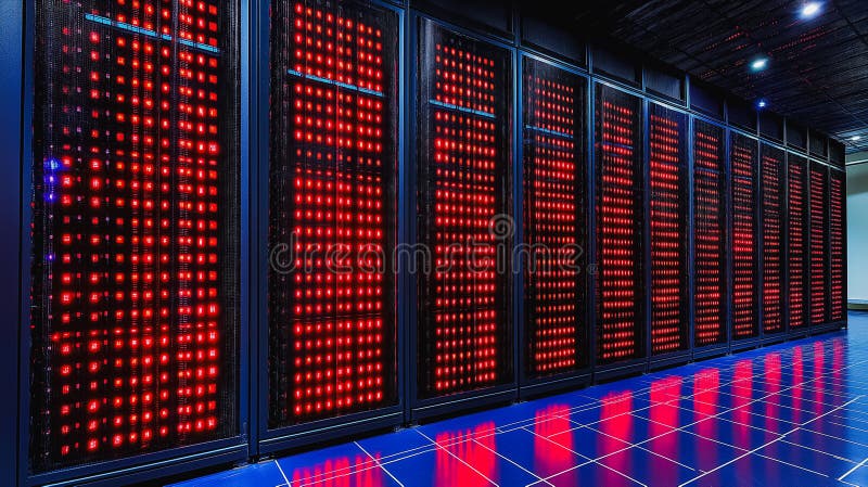 A Row of Computer Servers with Red Lights on Them. the Servers are ...