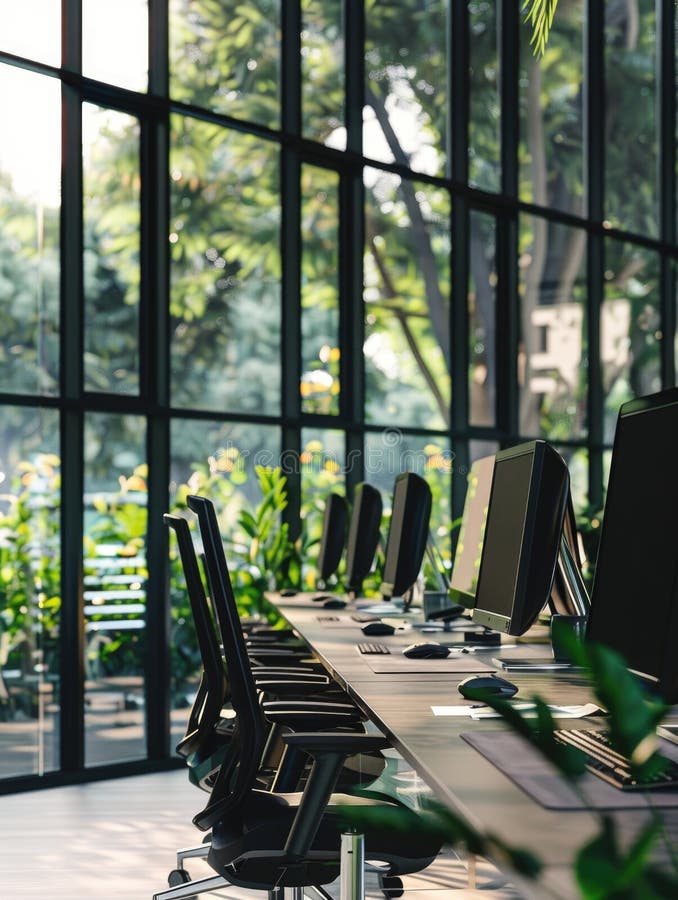 A Row of Computer Workstations with Black Chairs and Black Computer ...