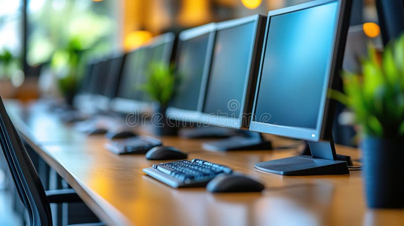 Row of computers on a desk stock illustration. Illustration of ...