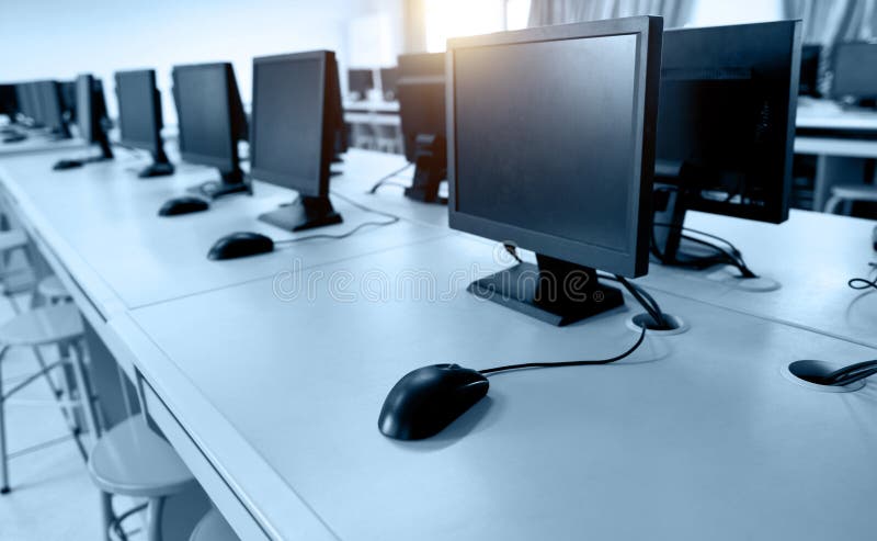 Row of Computers Neatly Placed in Lab Stock Photo - Image of center ...