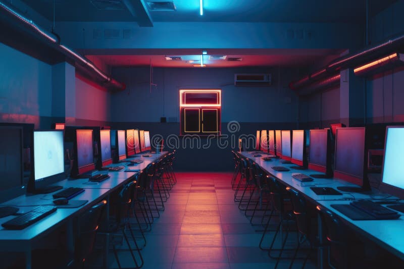 Row of Computers Sitting on a Desk Stock Photo - Image of modern ...