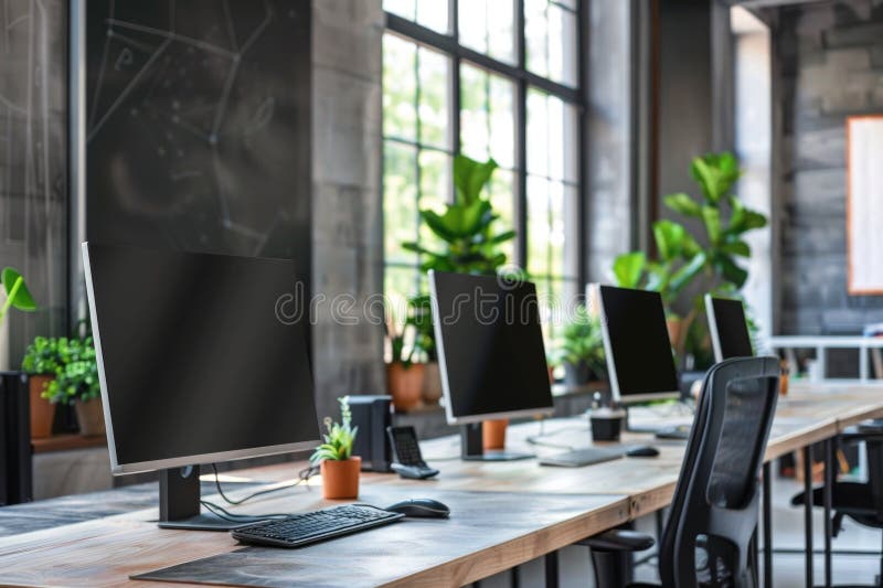 A Row of Computers Sitting on a Wooden Desk, Great for Office or Study ...