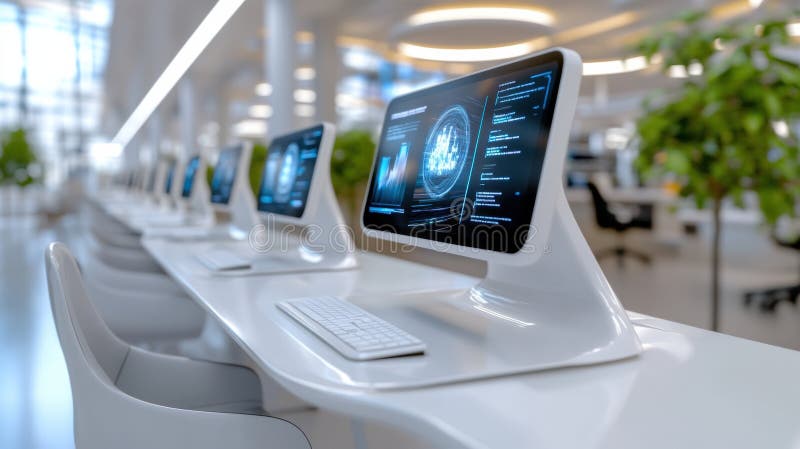A Row of Computers on a White Desk with Green Plants, AI Stock Image ...