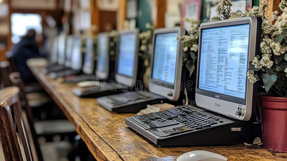 Row of Computers on a Wooden Counter Stock Image - Image of monitors ...