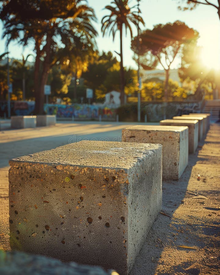 Vibrant Urban Park at Sunset with Concrete Blocks and Palm Trees ...