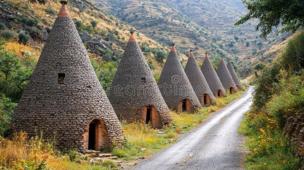 Ancient Stone Kilns Along a Rural Pathway Stock Illustration ...