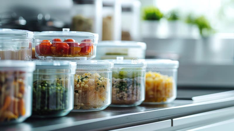 A Row of Containers Filled with Food on a Counter Top, AI Stock Photo ...