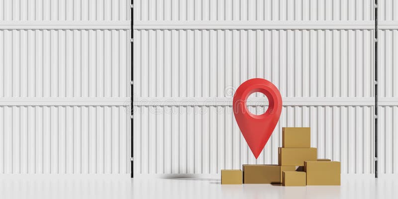 Row of Containers with Geo Tag and Cardboard Boxes. Empty Copy Space ...