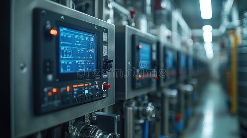 A Row of Control Panels with Digital Displays in a Modern Industrial ...