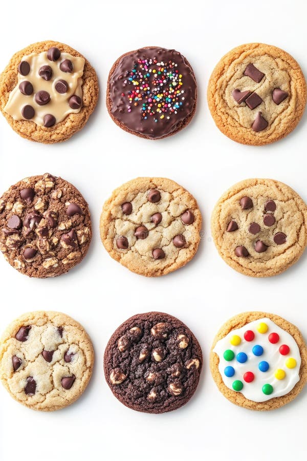 Row of Cookies with Different Toppings, Including Chocolate Chips, Nuts ...