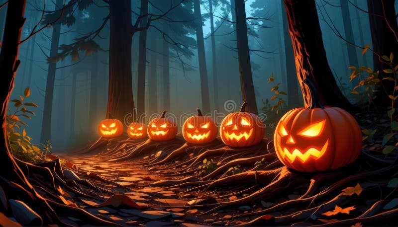 A Row of Creepy Jack O Lanterns Lighting a Misty Forest Path, Each with a Different Twisted Face ...