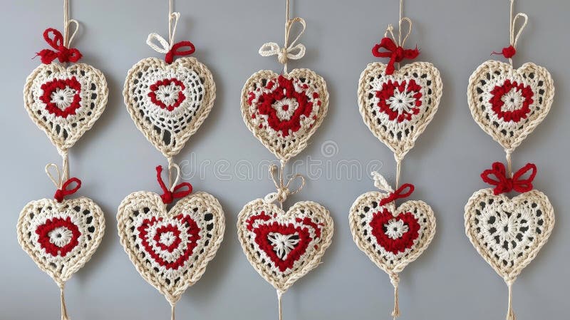 A Row of Crocheted Hearts in Various Colors Stock Illustration ...