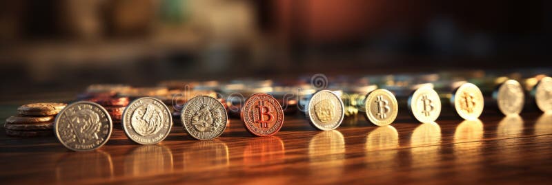 A Row of Cryptocurrency Coins from Smallest To Largest on a Light Brown ...