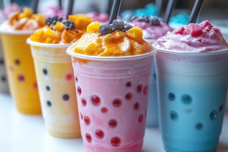 Row of Cups with Different Flavored Drinks, Great for Coffee Shop or ...