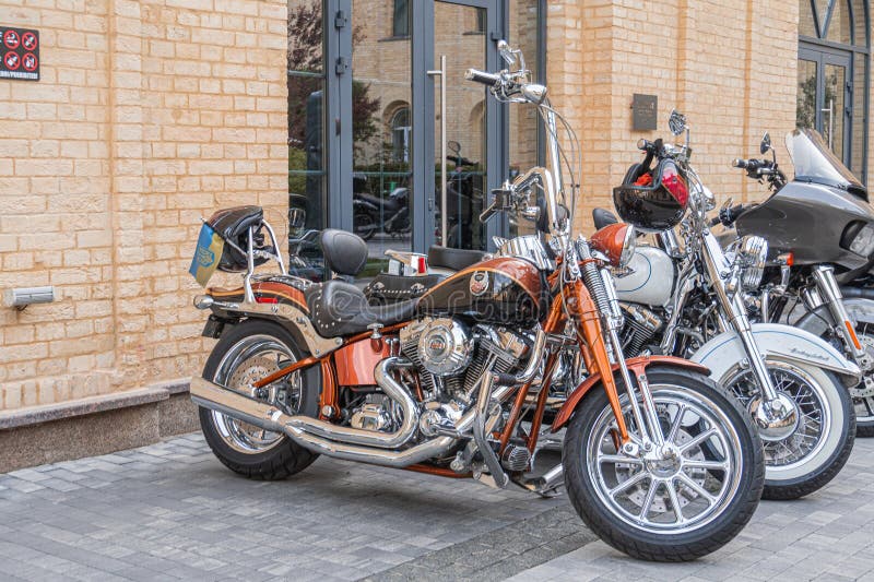 A Row of Custom or High-end Motorcycles, Parked Uniformly on a Plain ...