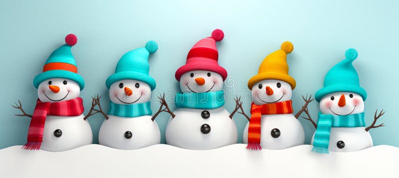 Row of Cute 3D Snowmen in Hats Stock Illustration - Illustration of ...