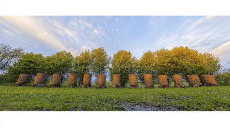 Cylindrical Objects Arranged in a Row in a Green Field Under a Partly ...