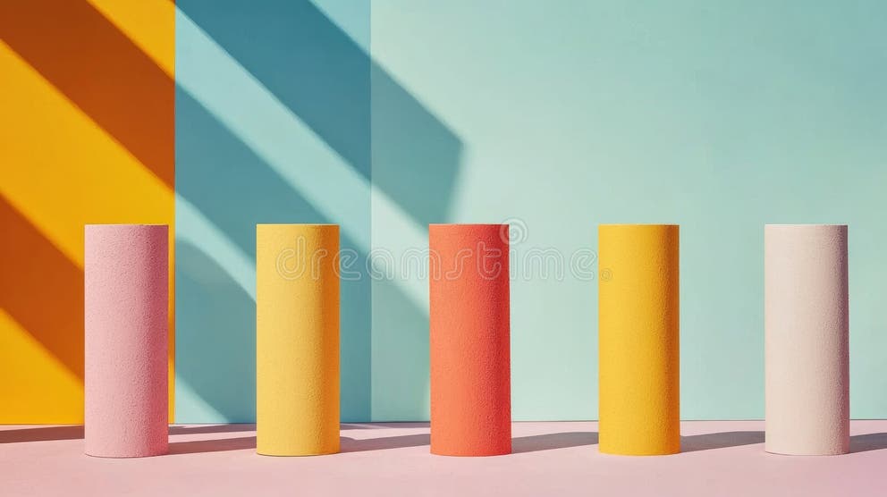 A Row of Cylindrical Objects in Various Colors Against a Light Blue ...