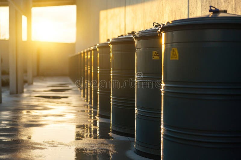 Row of Cylindrical Storage Tanks in a Industrial Setting Stock ...