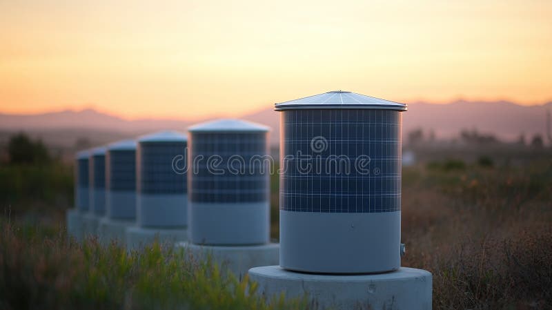 Row of Cylindrical Structures with Solar Panels in Field at Twilight ...