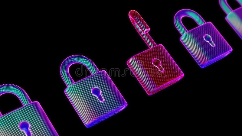 Row of 3D Blue Closed Locks, One of Which Changes Color To Red and ...