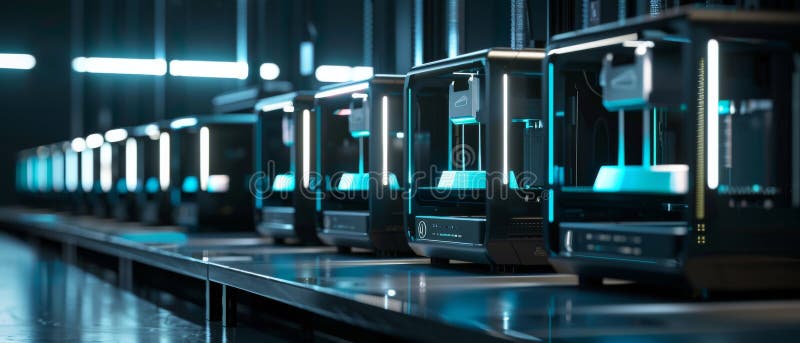 A Row of 3D Printers Working in Unison at a Futuristic Workshop Stock ...