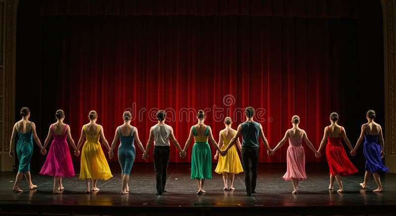A Row of Dancers Holding Hands Standing on a Stage in Front of a Red ...