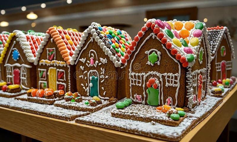 Row of Decorated Gingerbread Houses Stock Footage - Video of snow ...
