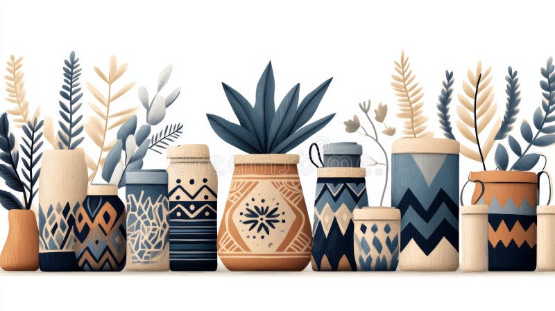 A Row of Decorative Ceramic Pots with Various Plants, Featuring ...