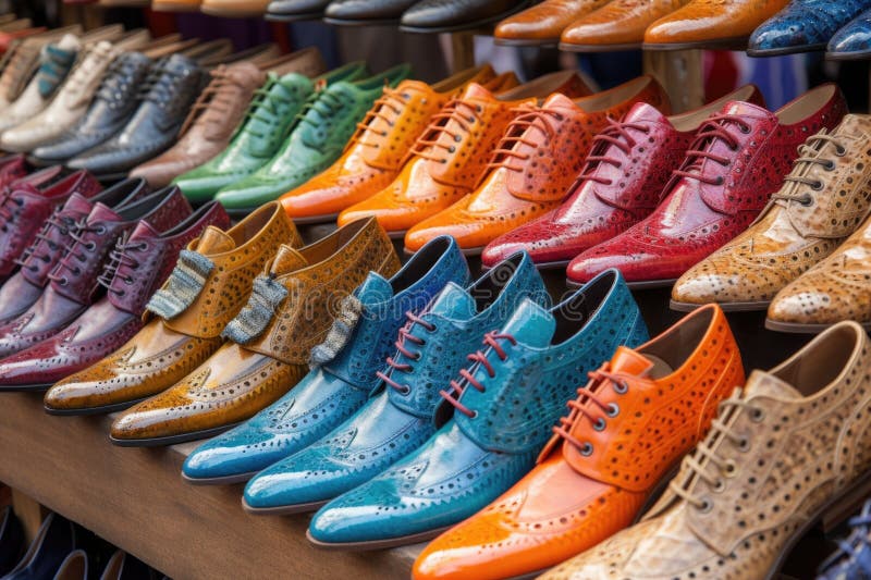 Row of Designer Shoes in Eye-catching Array of Colors and Textures ...