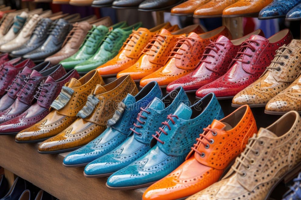 Row of Designer Shoes in Eye-catching Array of Colors and Textures ...
