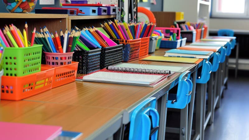 A Row of Desks with Neatly Arranged School Supplies on Top Stock ...