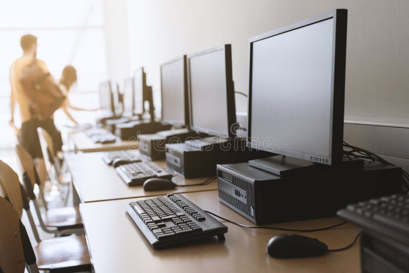Row of Desktop Computers in Classroom Stock Image - Image of network ...