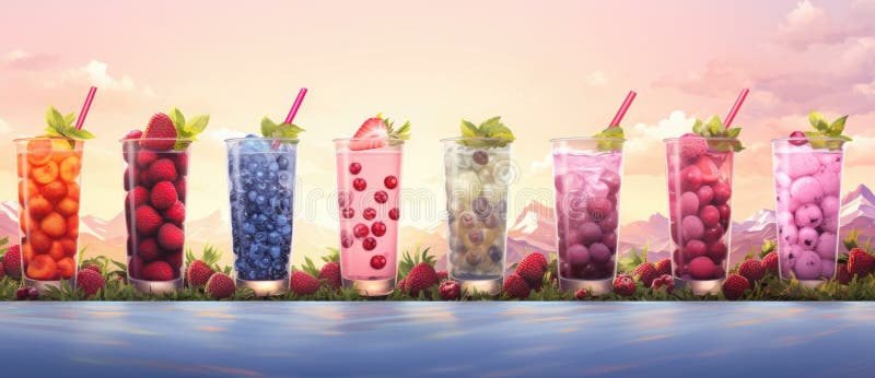 A Row of Different Colored Bubble Teas Stock Illustration ...