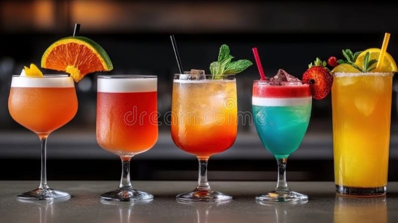 A Row of Different Colored Cocktails in Glasses, AI Stock Photo - Image ...